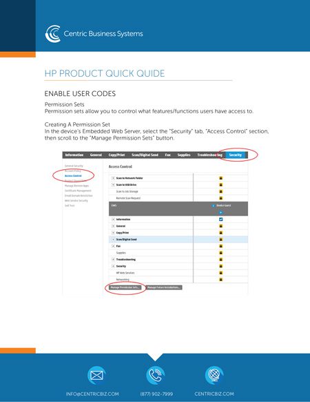 Centric Business Systems HP Quick Guide: Enable User Codes Centric Business Systems HP Quick Guide: Enable User Codes